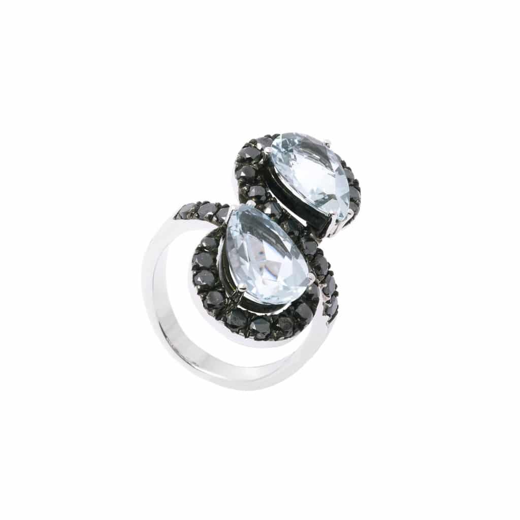 Monet ring in white gold with black diamonds and aquamarines | Gordillo ...